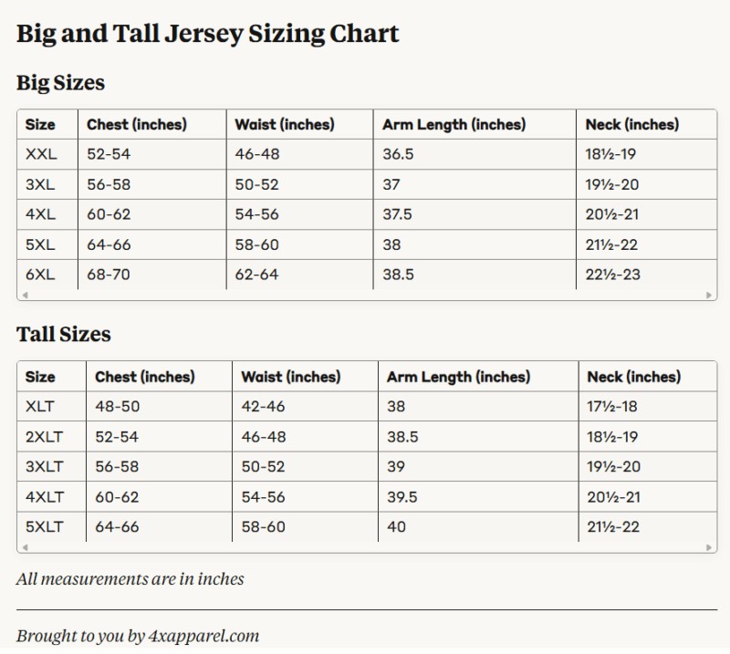 Big and Tall Jerseys Sizing Chart - NFL NBA MLB NHL MLS NCAA